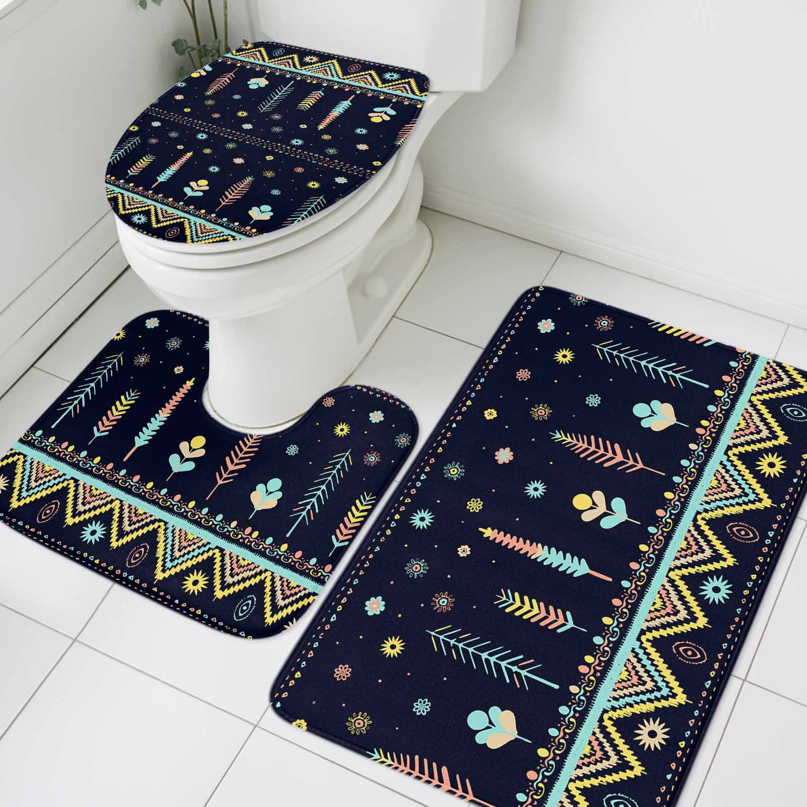 Abstract Floral Plant Bathroom Rugs Set Ethnic Tribal Decor Aztec Black ...
