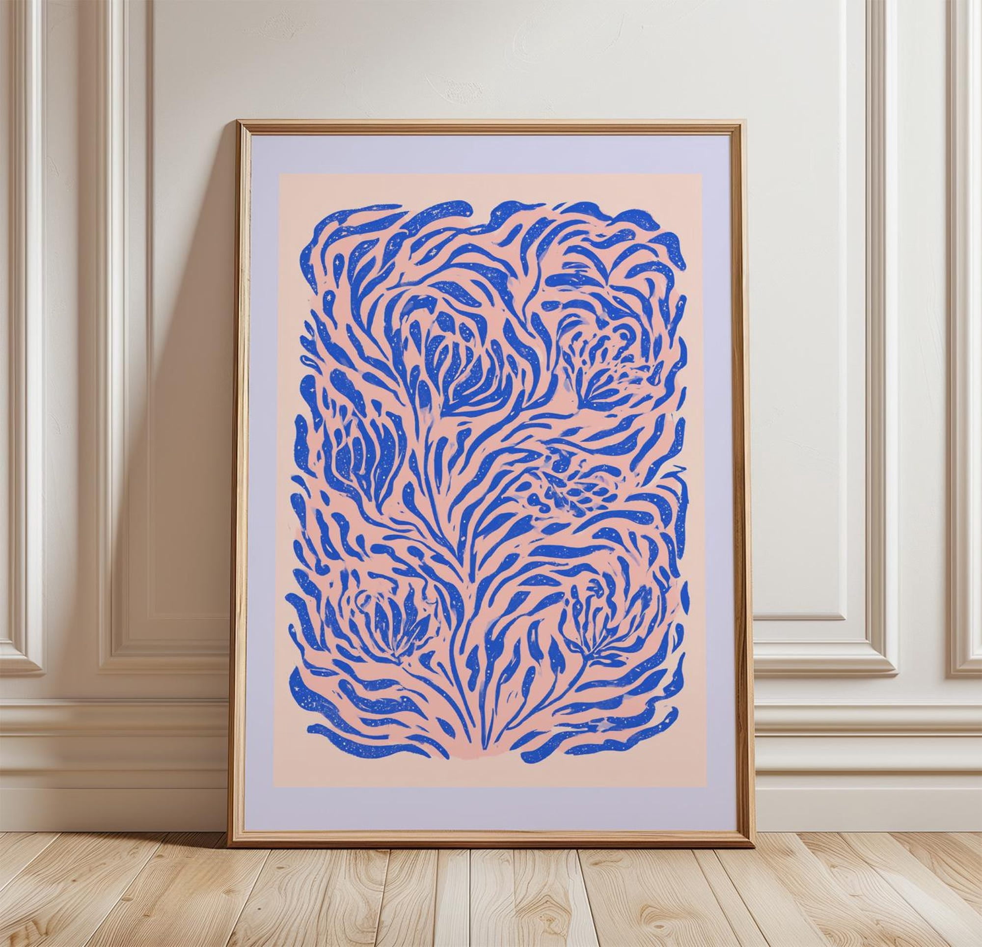 Abstract Floral Poster Blue Botanical Linocut Wall Art Print - Walmart.com