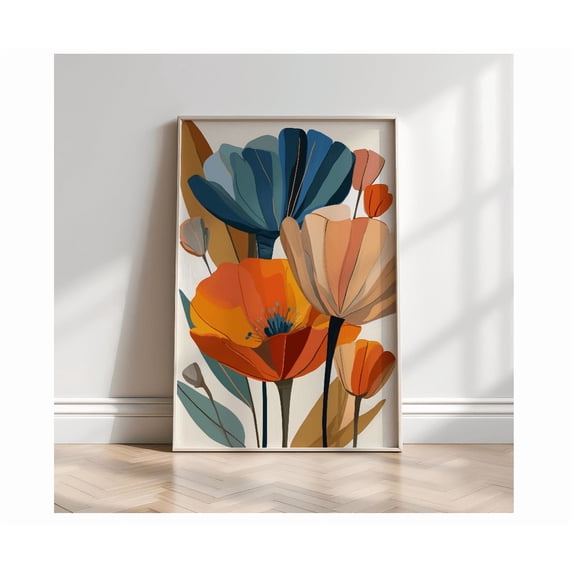 Abstract Floral Poster Mid Century Botanical Poster Orange Blue Boho ...