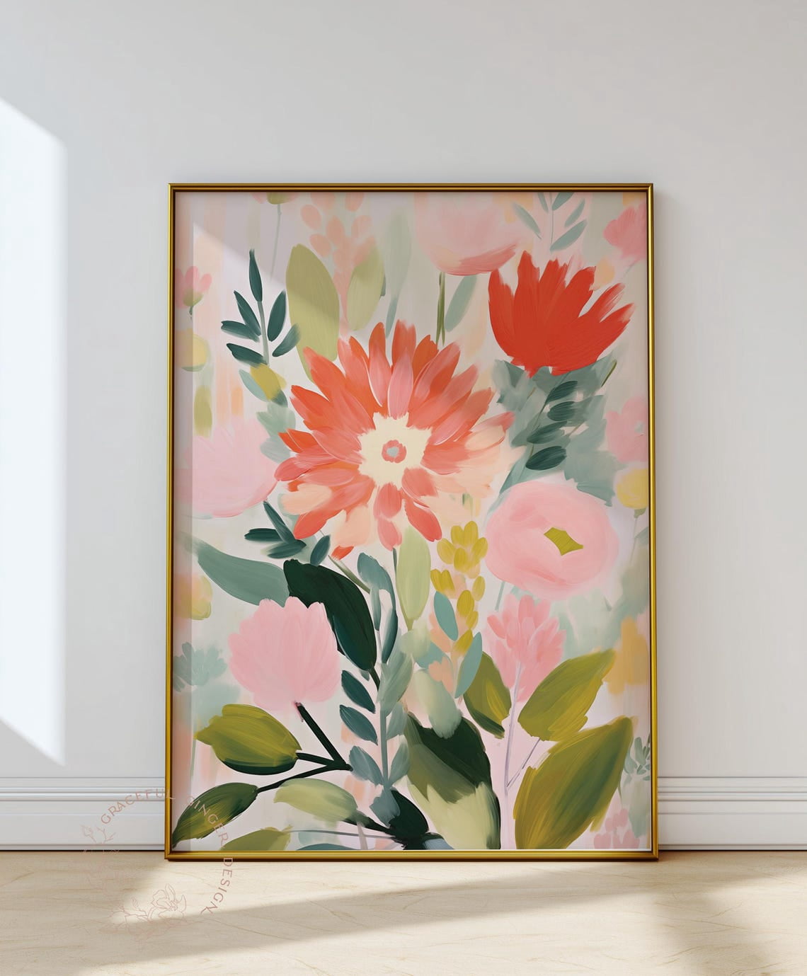 Abstract Floral Print, Modern Pink & Green Botanical Art Home Decor ...