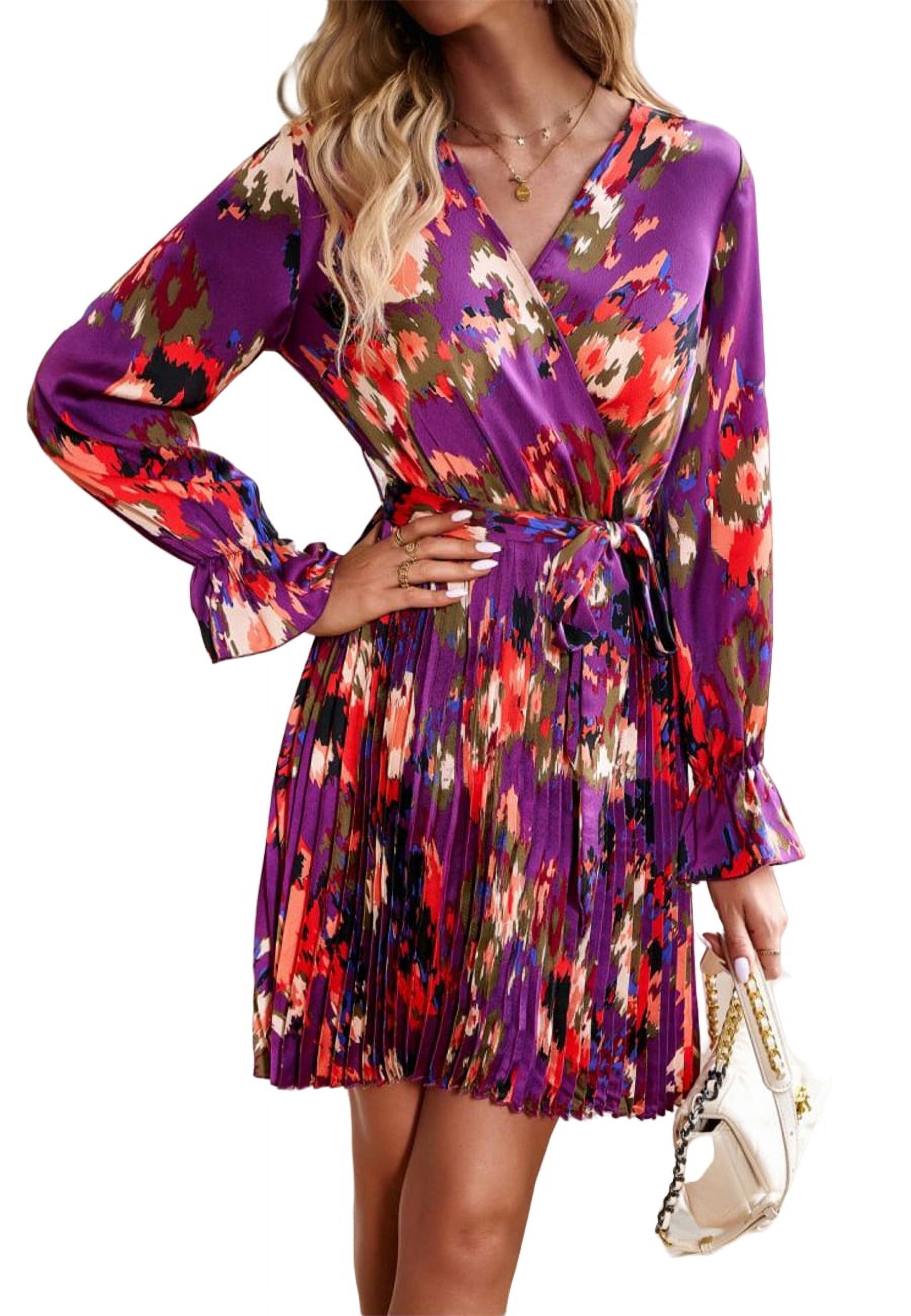 Abstract Floral Print Pleated Dress for Women Above Knee Length Purple ...