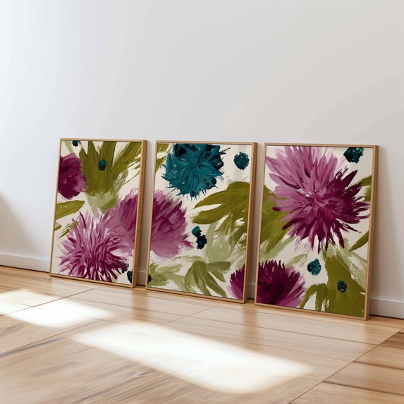 Abstract Floral Print Set Purple Green Brushstroke Modern Home Decor ...