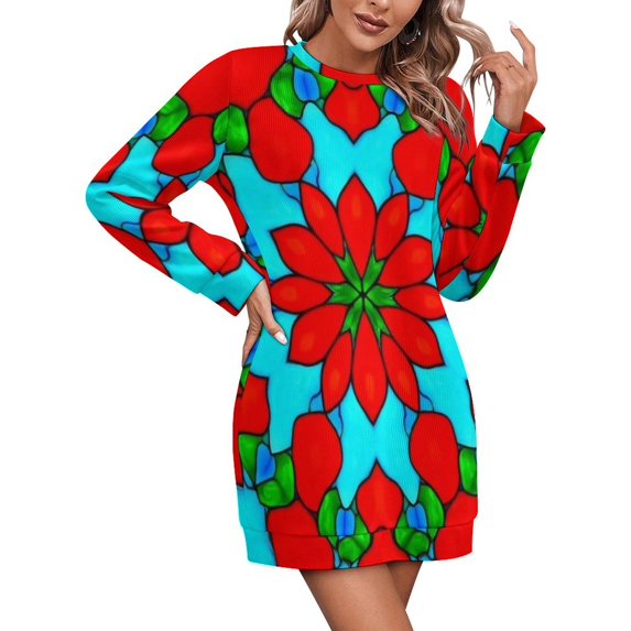 Abstract Floral Red And Blue Women Elegant Long Sleeve Warm Dress ...
