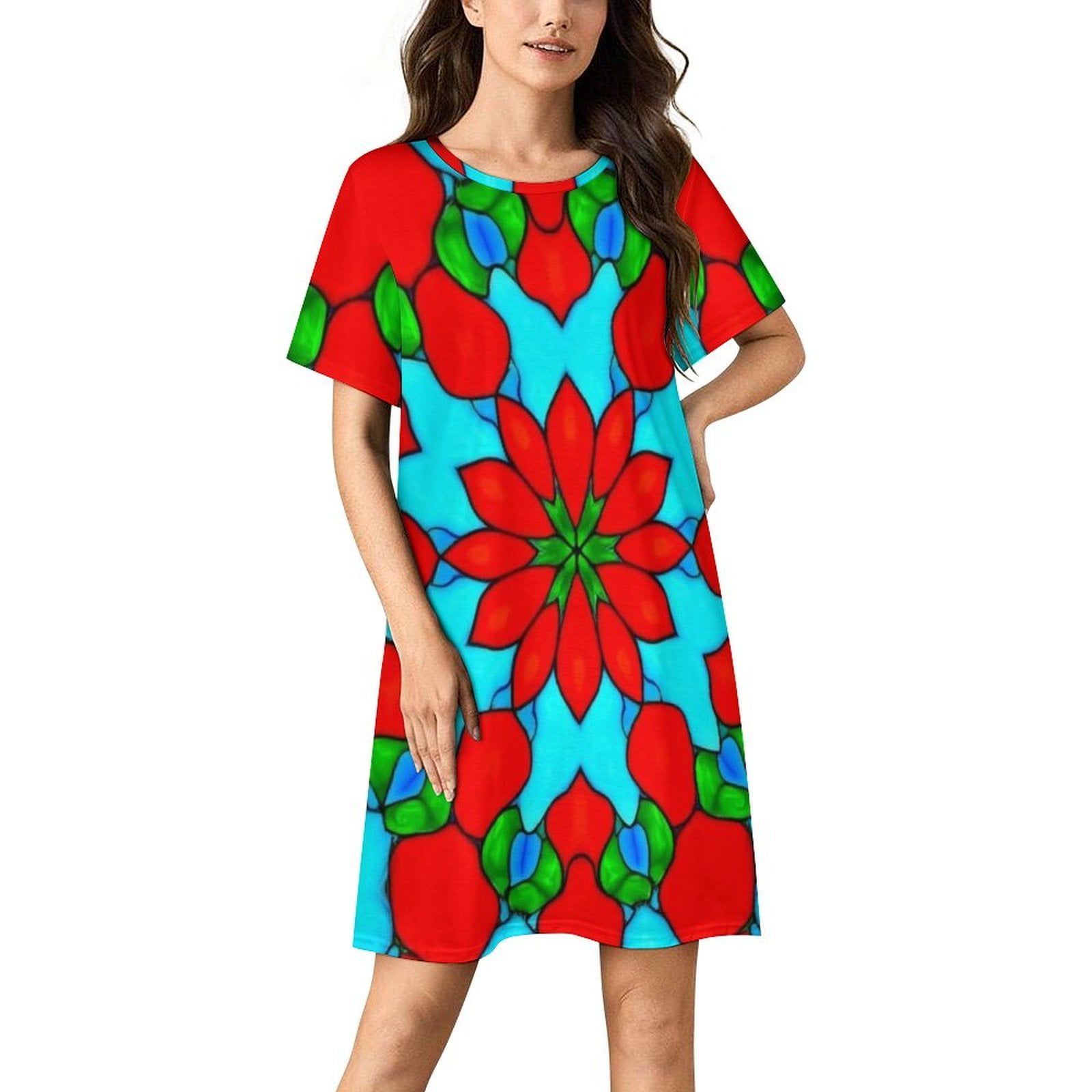 Abstract Floral Red And Blue Women Nightgown Sleepwear Short Sleeves ...
