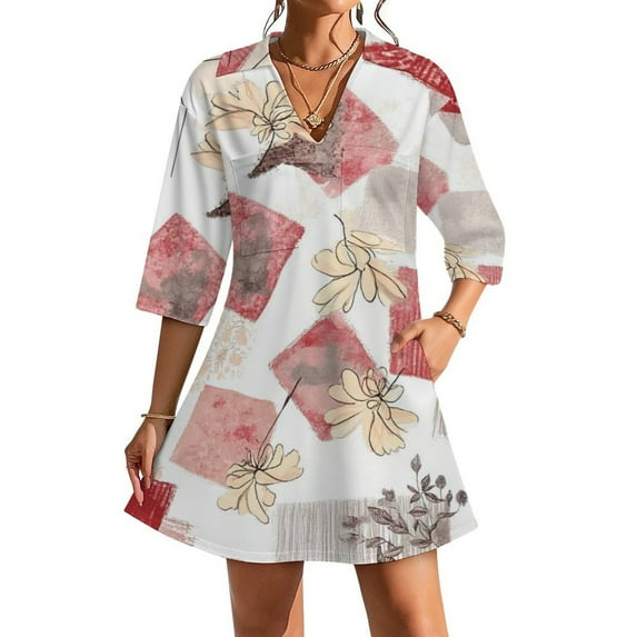 Abstract Floral Red Pattern Design Womens Dress With Pockets Summer V ...