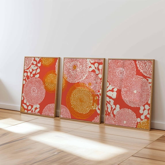 Abstract Floral Red Yellow Botanical Wall Art Set 3 Stretched Canvas ...