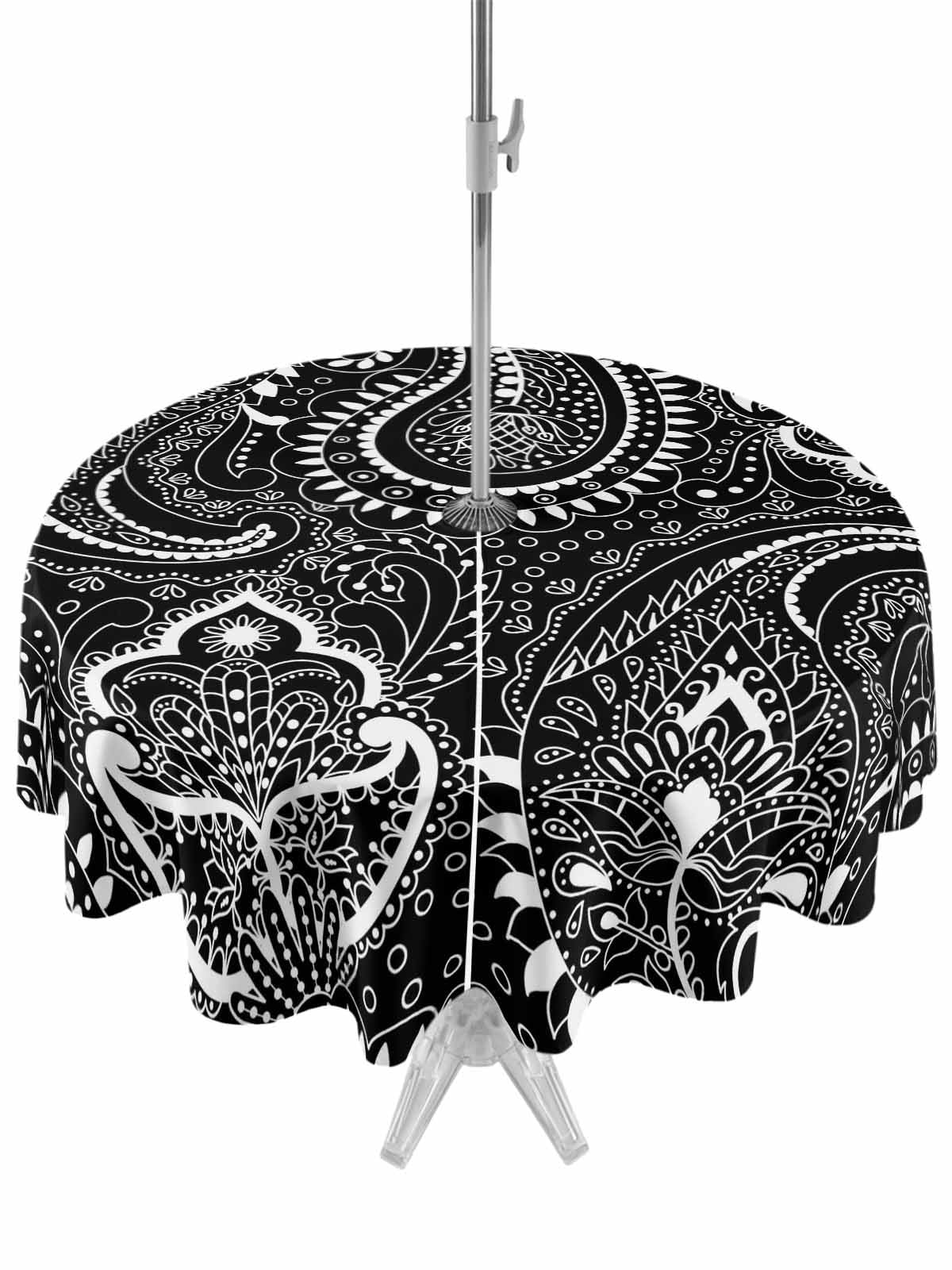 Abstract Floral Round Outdoor Tablecloth with Umbrella Hole Ethnic ...