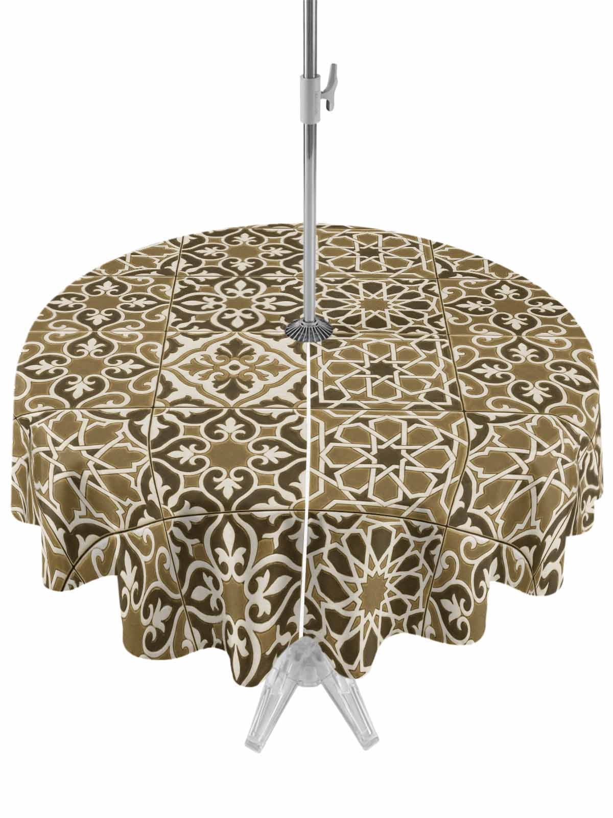 Abstract Floral Round Outdoor Tablecloth with Umbrella Hole Retro Khaki ...