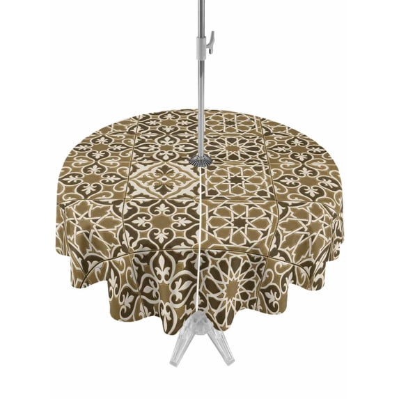 Abstract Floral Round Outdoor Tablecloth with Umbrella Hole Retro Khaki ...