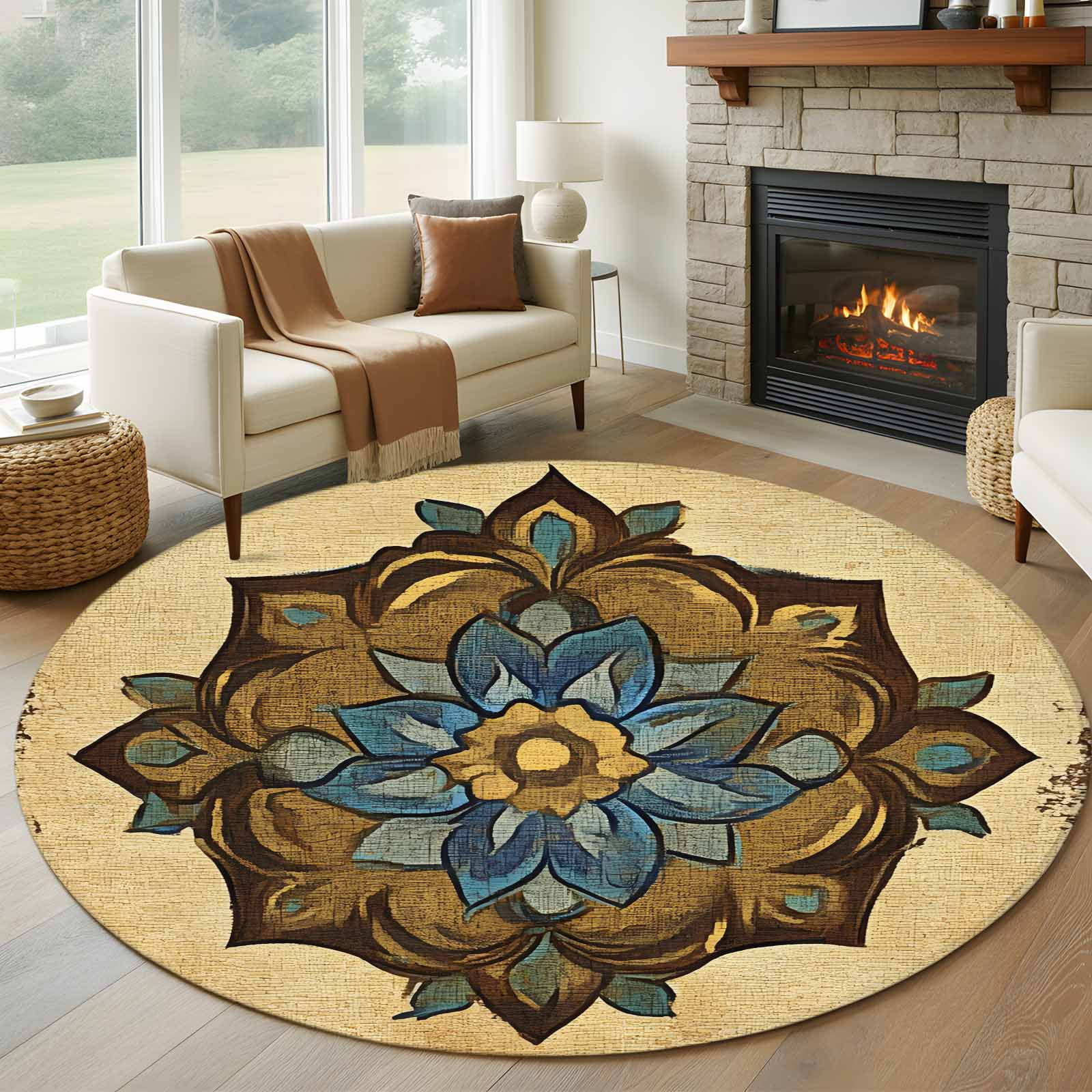 Abstract Floral Round Rug 5ft Washable Circle Kitchen Rugs Non Slip ...