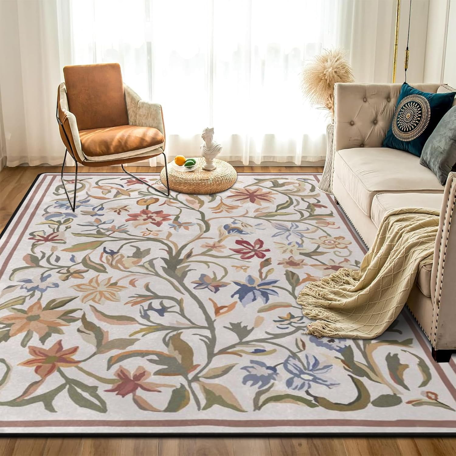 Abstract Floral Rug- Beige Country Design Carpet For Girls Bedroom Non ...