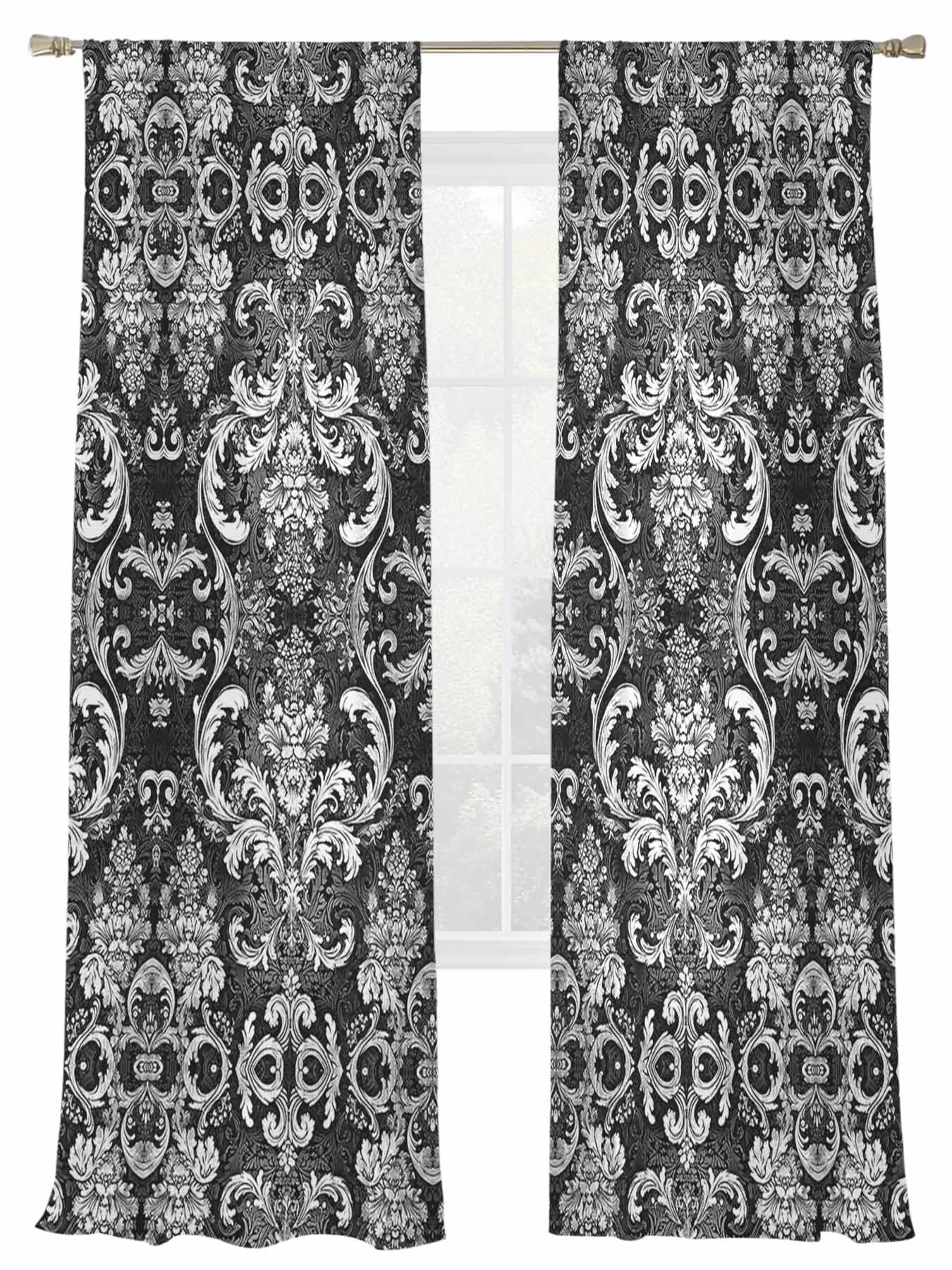 Abstract Floral Sheer Curtains 2 Panels Set Damask Retro Gradient Black ...