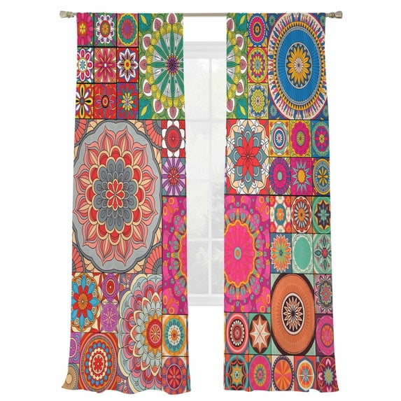 Abstract Floral Sheer Curtains 2 Panels Set Ethnic Style Colorful ...