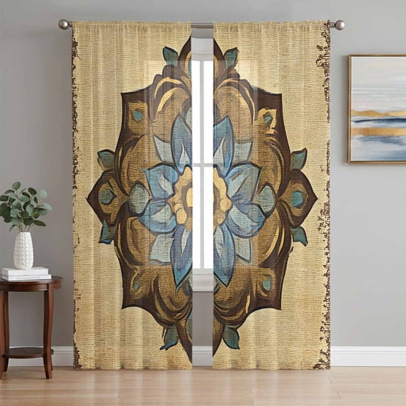 Abstract Floral Sheer Curtains 72 Inch Length 2 Panels Set, Yellow ...