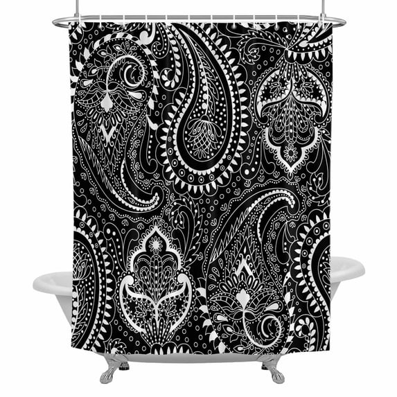 Abstract Floral Shower Curtain for Bathroom, Ethnic Black White Paisley ...