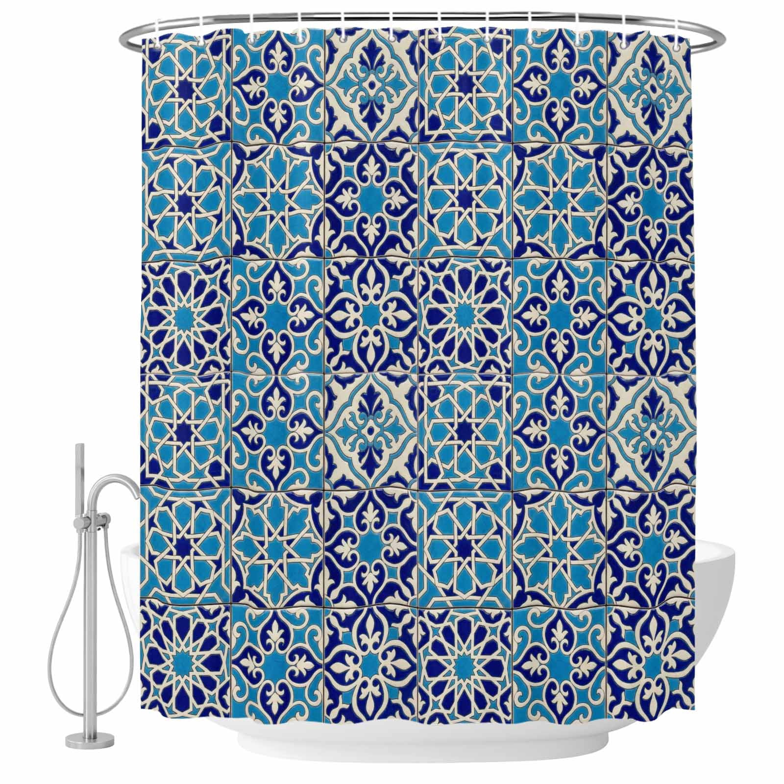 Abstract Floral Shower Curtain for Bathroom, Retro Navy Blue Geometric ...