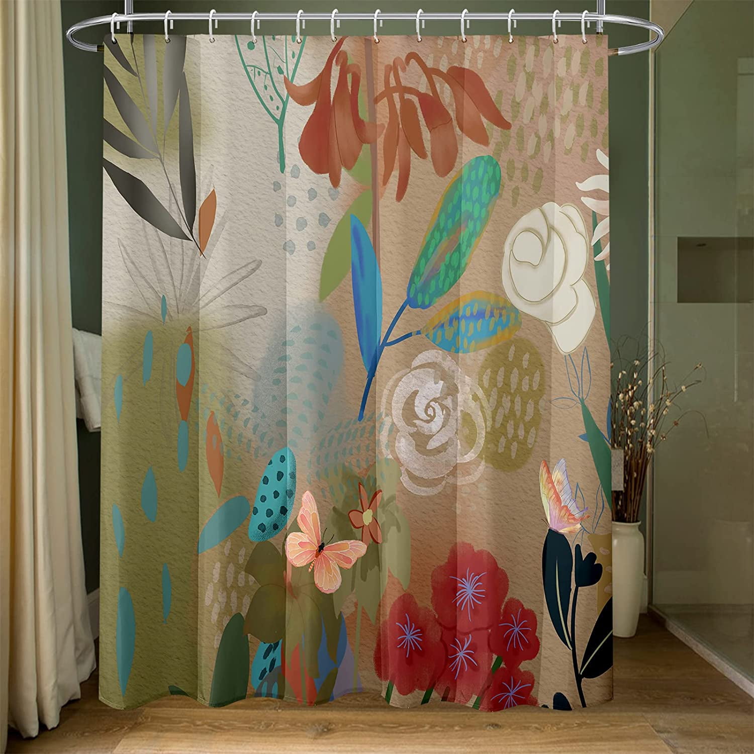 Abstract Floral Shower Curtain,Sage Green Botanical Flowers Bathroom ...