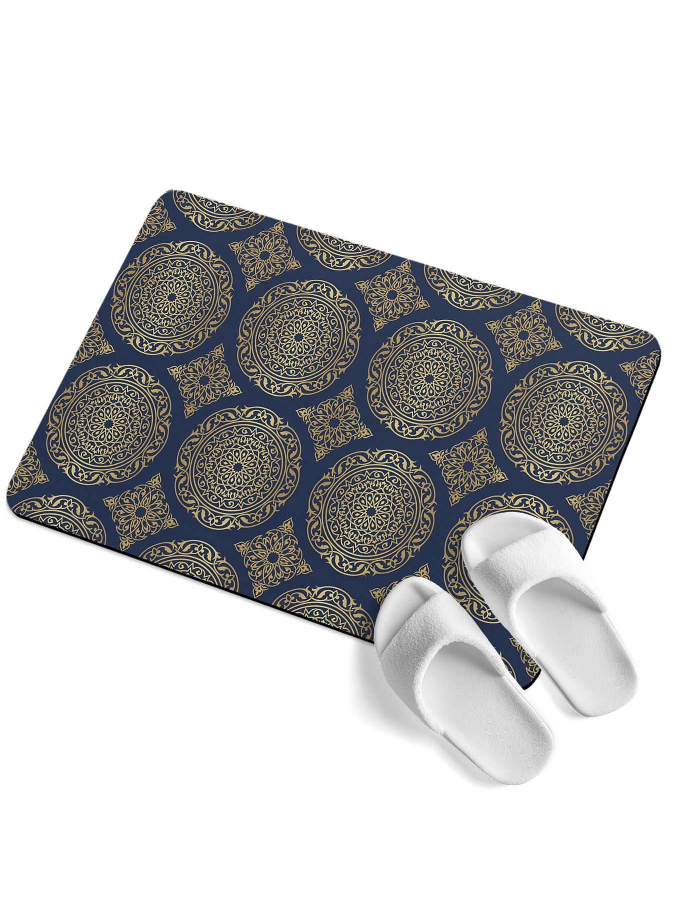 Abstract Floral Soft Diatomaceous Earth Mat, Vintage Navy Blue Moroccan ...
