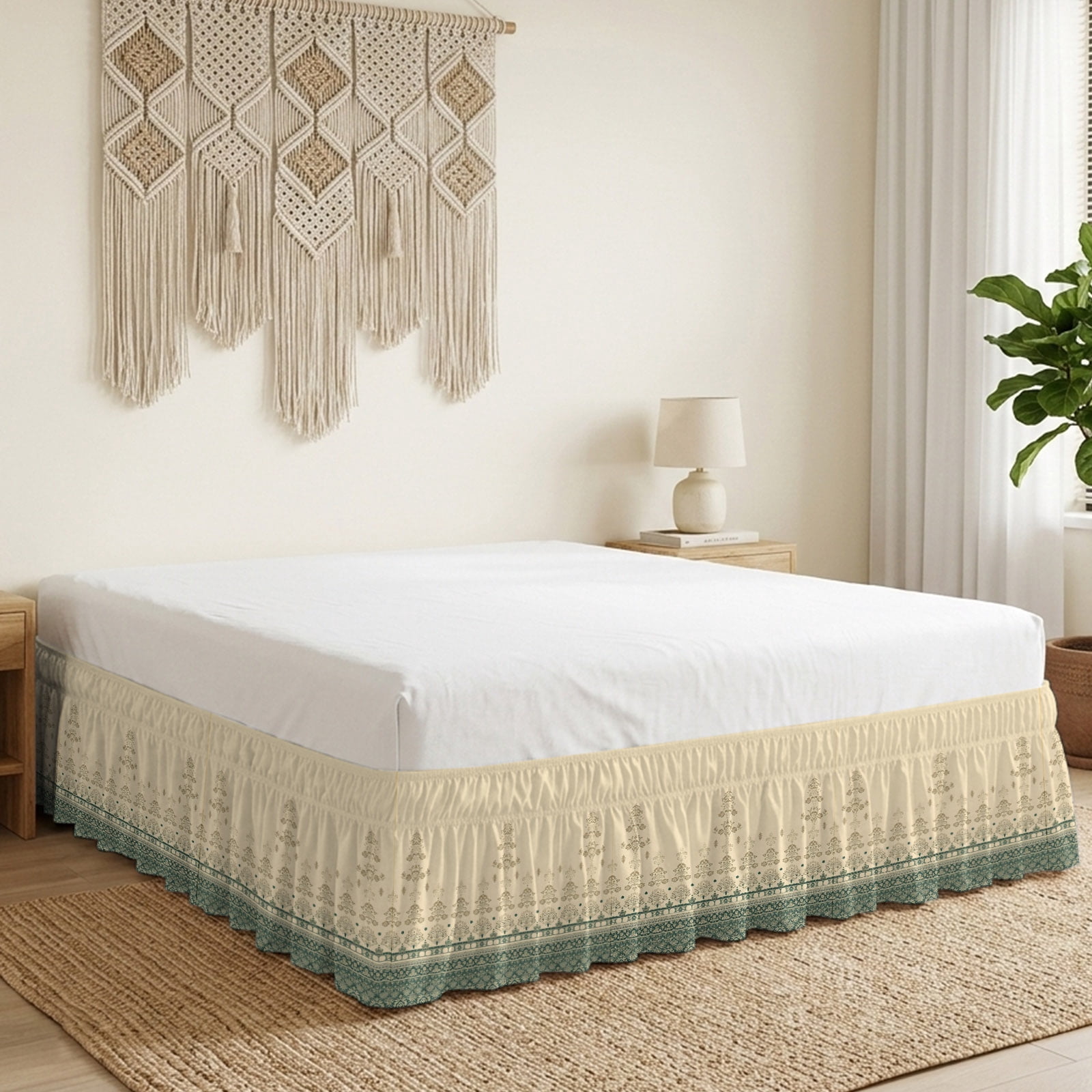 Abstract Floral Stem Bed Skirt 16 Inch Drop, Vintage Traditional Beige ...