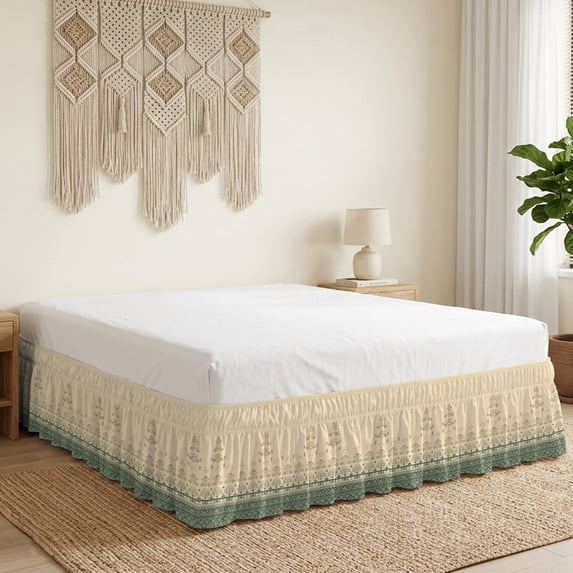 Abstract Floral Stem Bed Skirt 18 Inch Drop, Vintage Traditional Beige ...
