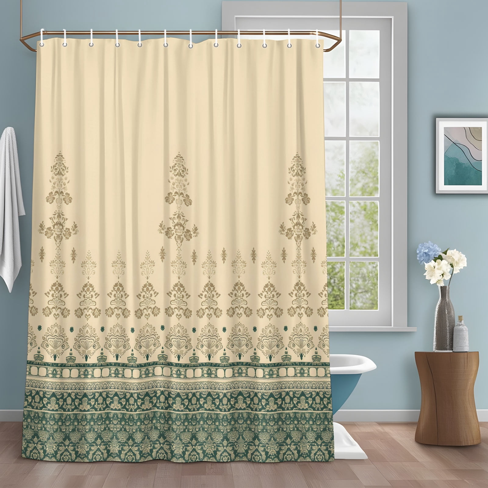 Abstract Floral Stem Shower Curtain Set with Hooks, Vintage Traditional ...