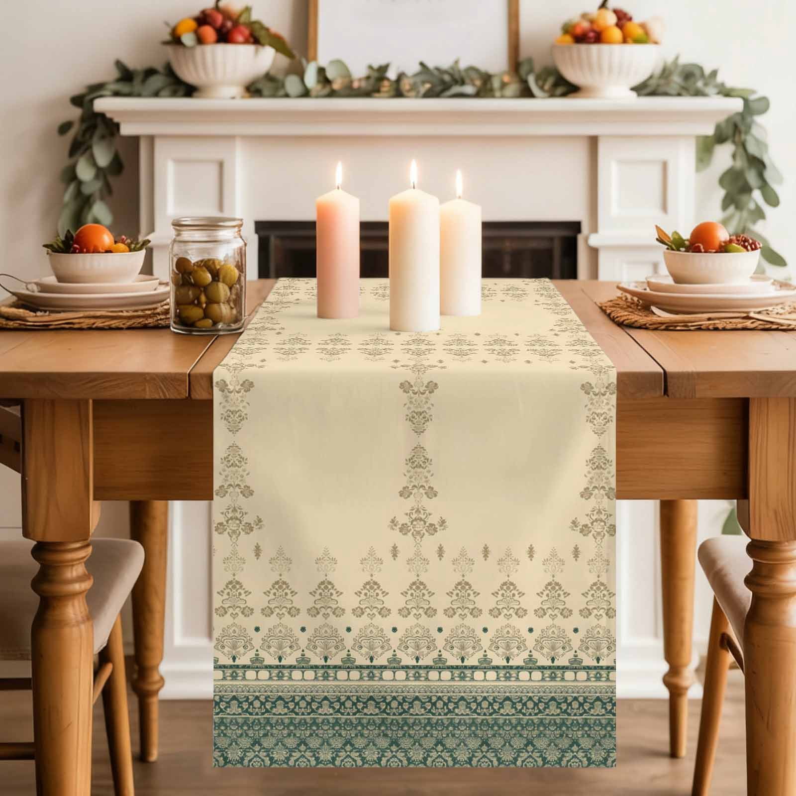 Abstract Floral Stem Table Runner 13x120 Inch Vintage Traditional Beige ...