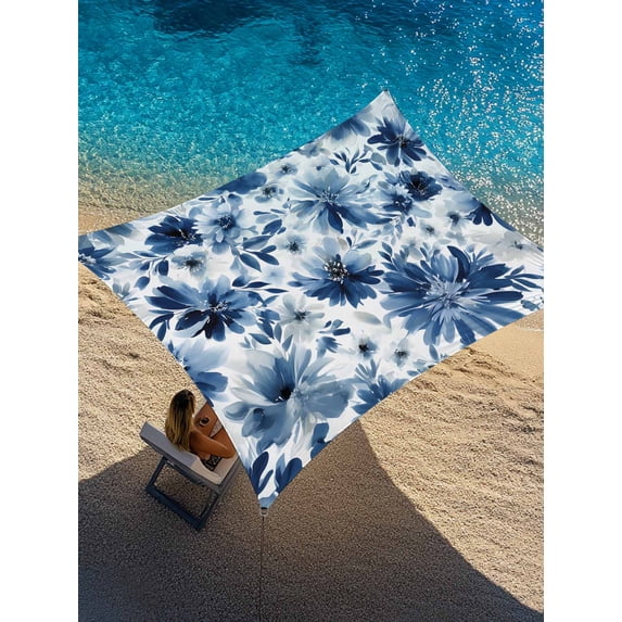 Abstract Floral Sun Shade Sail 14' x 18', Deep Blue Watercolor Daisies ...