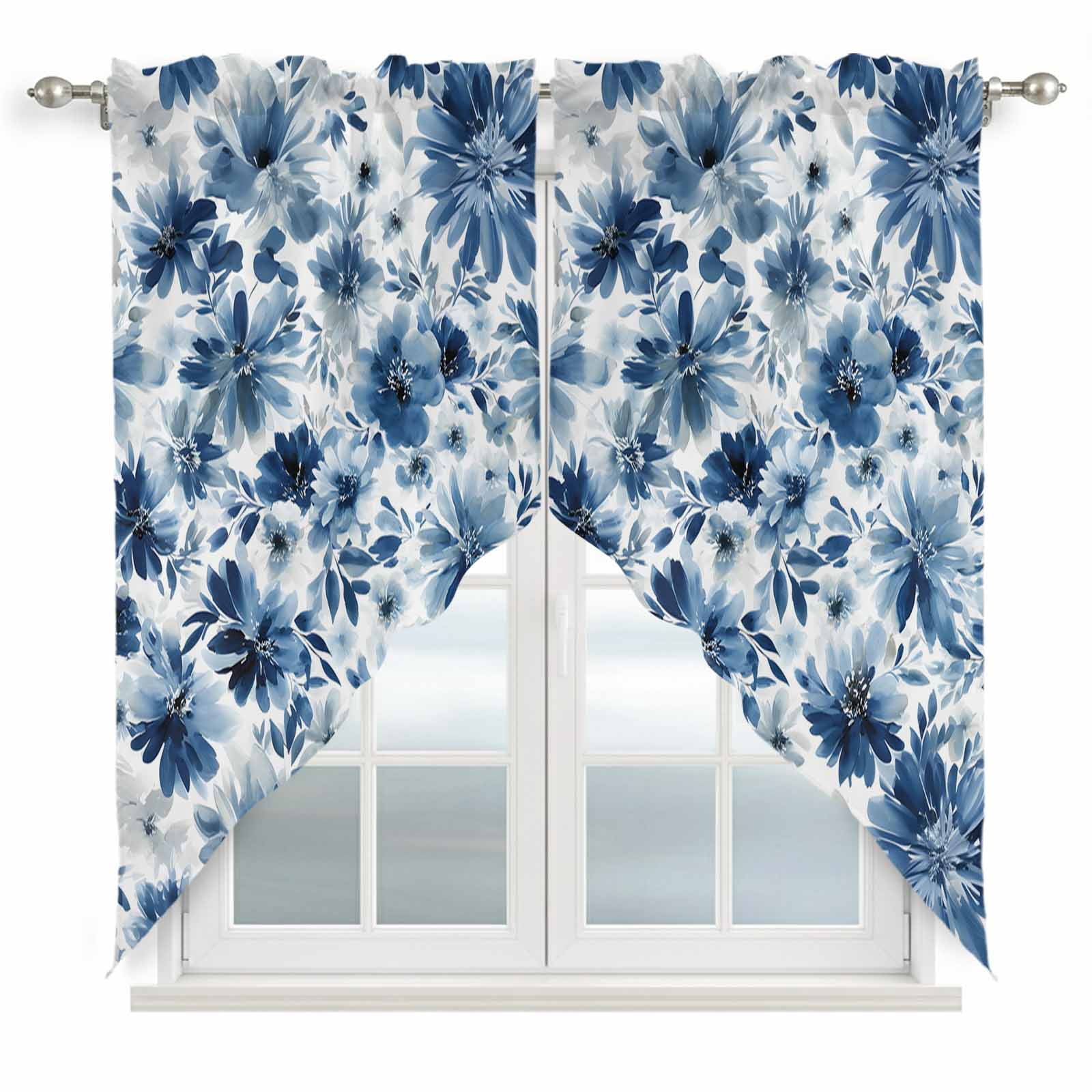 Abstract Floral Swag Valances for Windows 2 Pack Deep Blue Watercolor ...