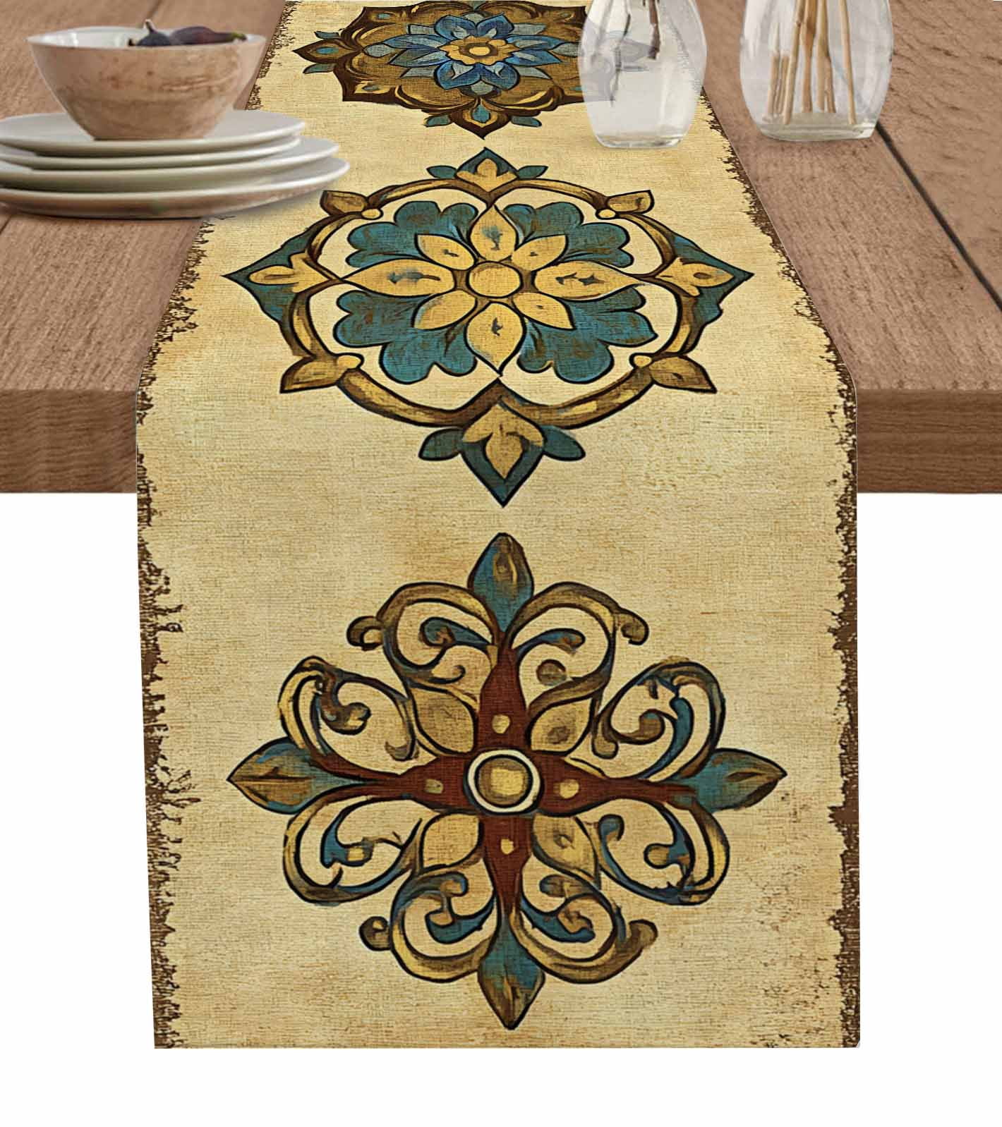 Abstract Floral Table Runner 72 Inches, Yellow Brown Flowers Pattern ...
