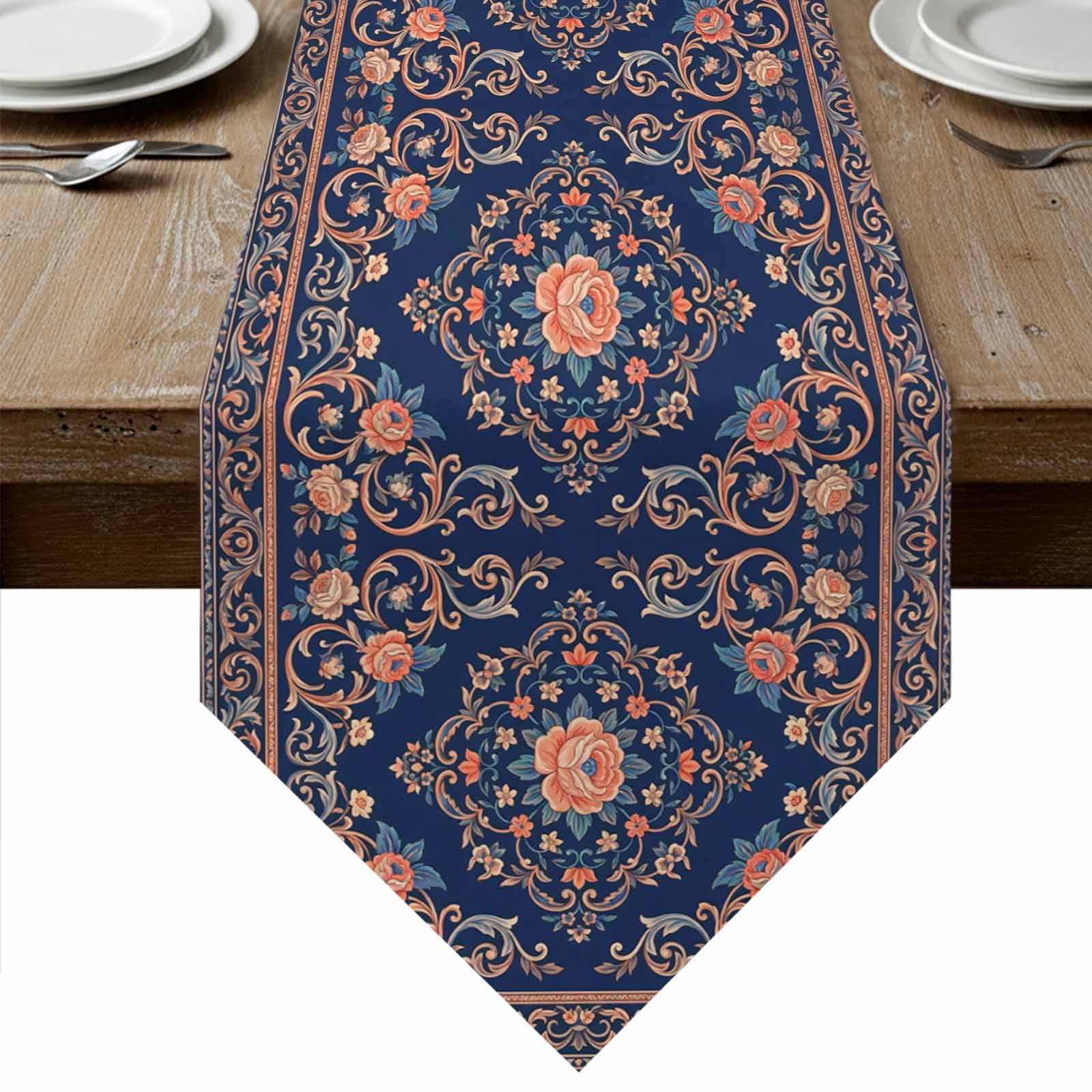 Abstract Floral Table Runner Linen Burlap Table Runner 90 Inches Long ...