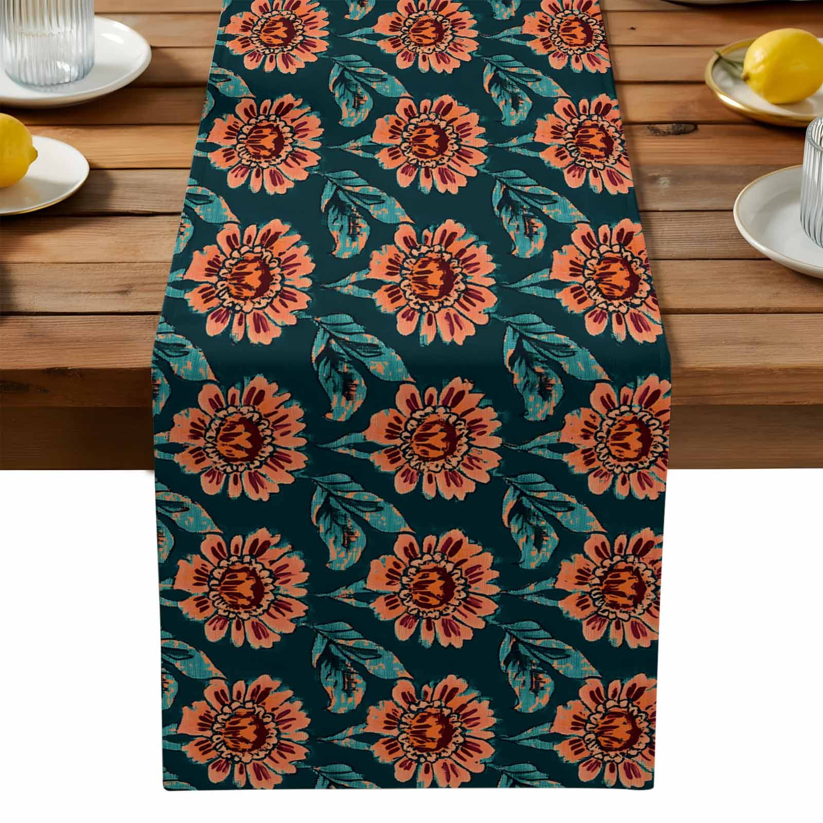 Abstract Floral Table Runner, Nature Flower Leaf Kitchen Table Runners ...