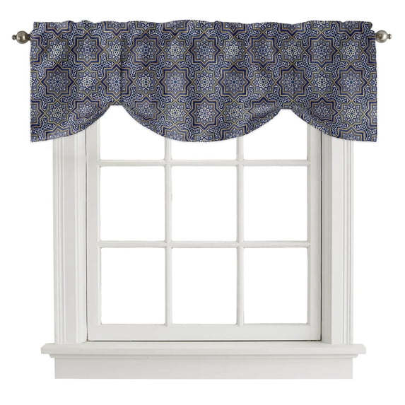 Abstract Floral Tie Up Valance Curtains Vintage Navy Blue Moroccan ...