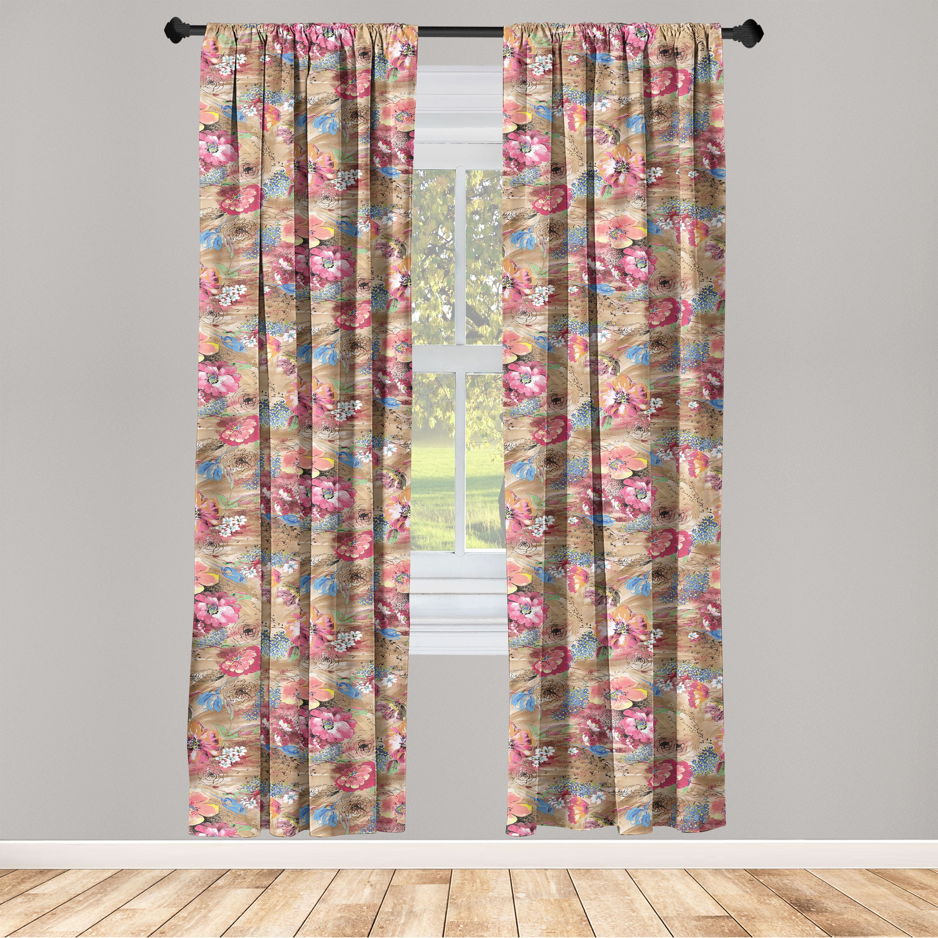 Abstract Floral Window Curtains, Grunge Flowers Boho Pattern on Earth ...