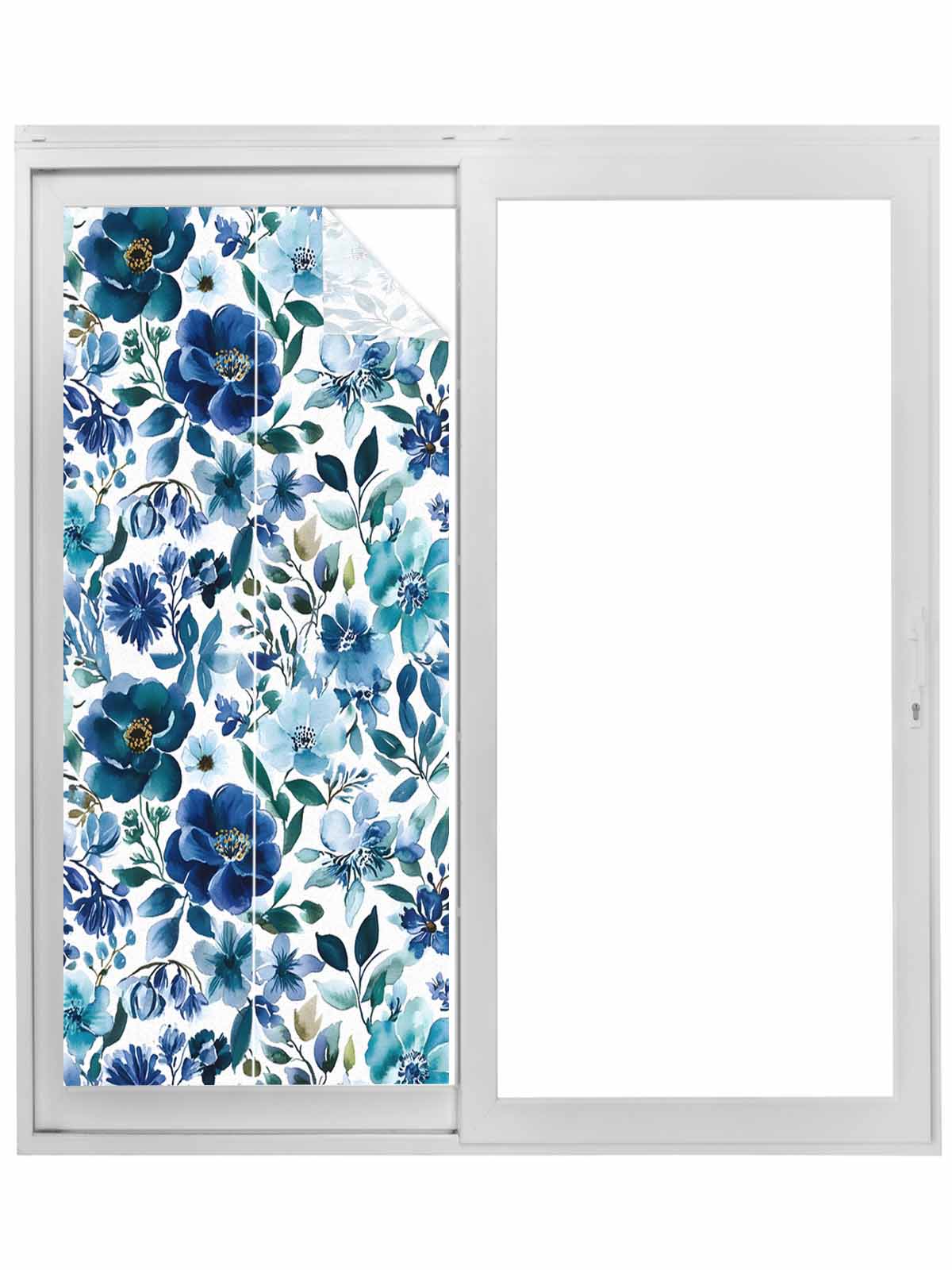 Abstract Floral Window Privacy Film, Blue Flowers Retro Country ...