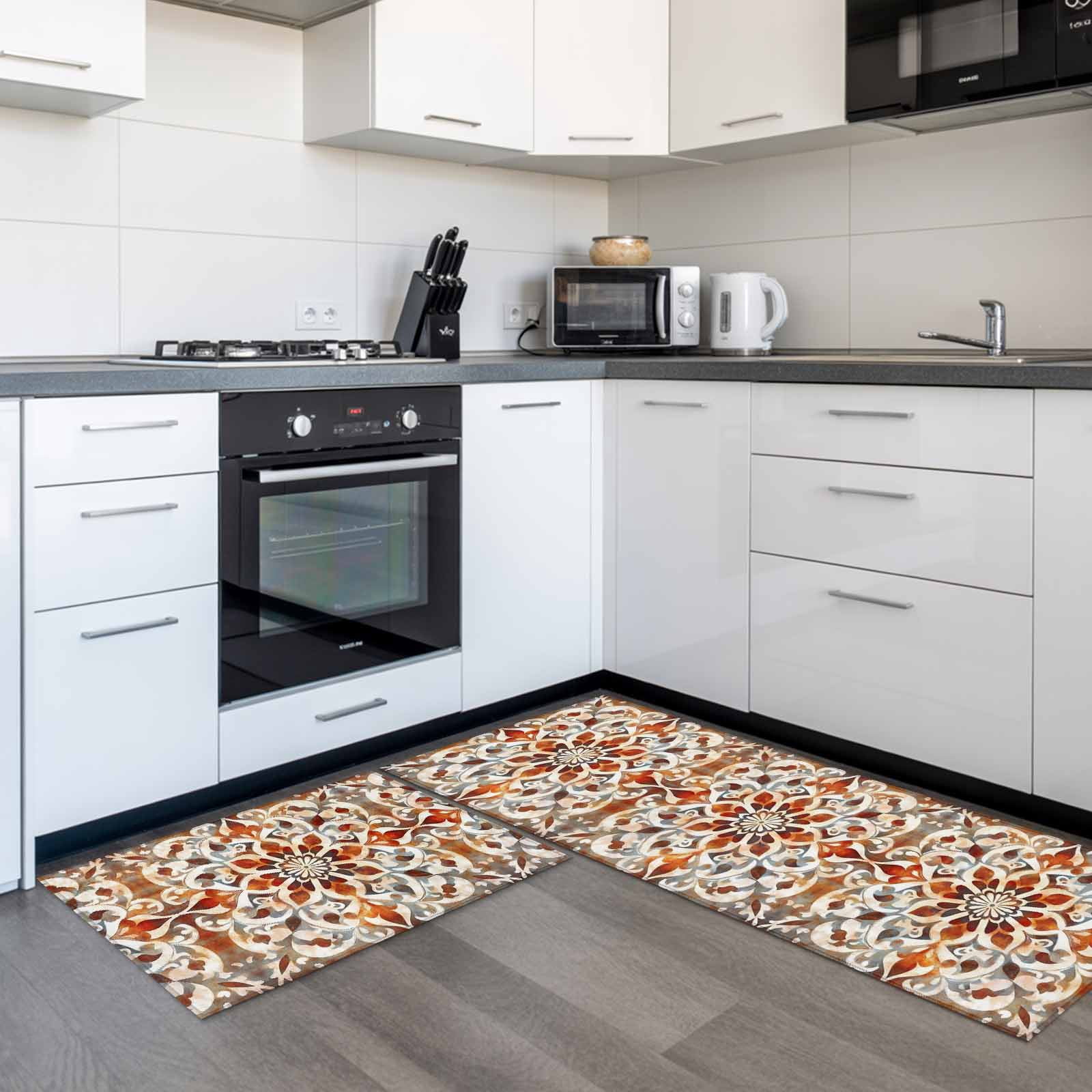 Abstract Flower 2 Pieces Non-Slip Kitchen Mat Set, Retro Red Brown ...