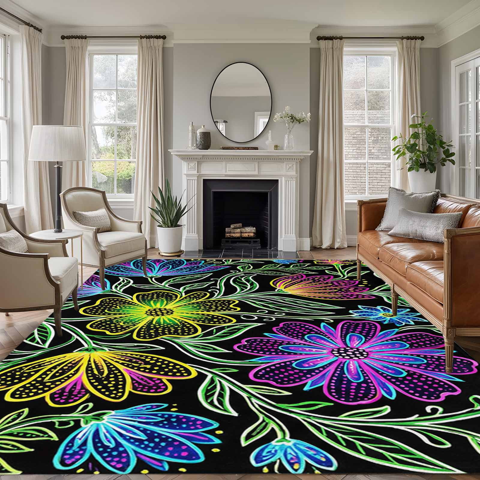 Abstract Flower Area Rugs 5'x7', Washable Small Throw Rugs for Laundry ...