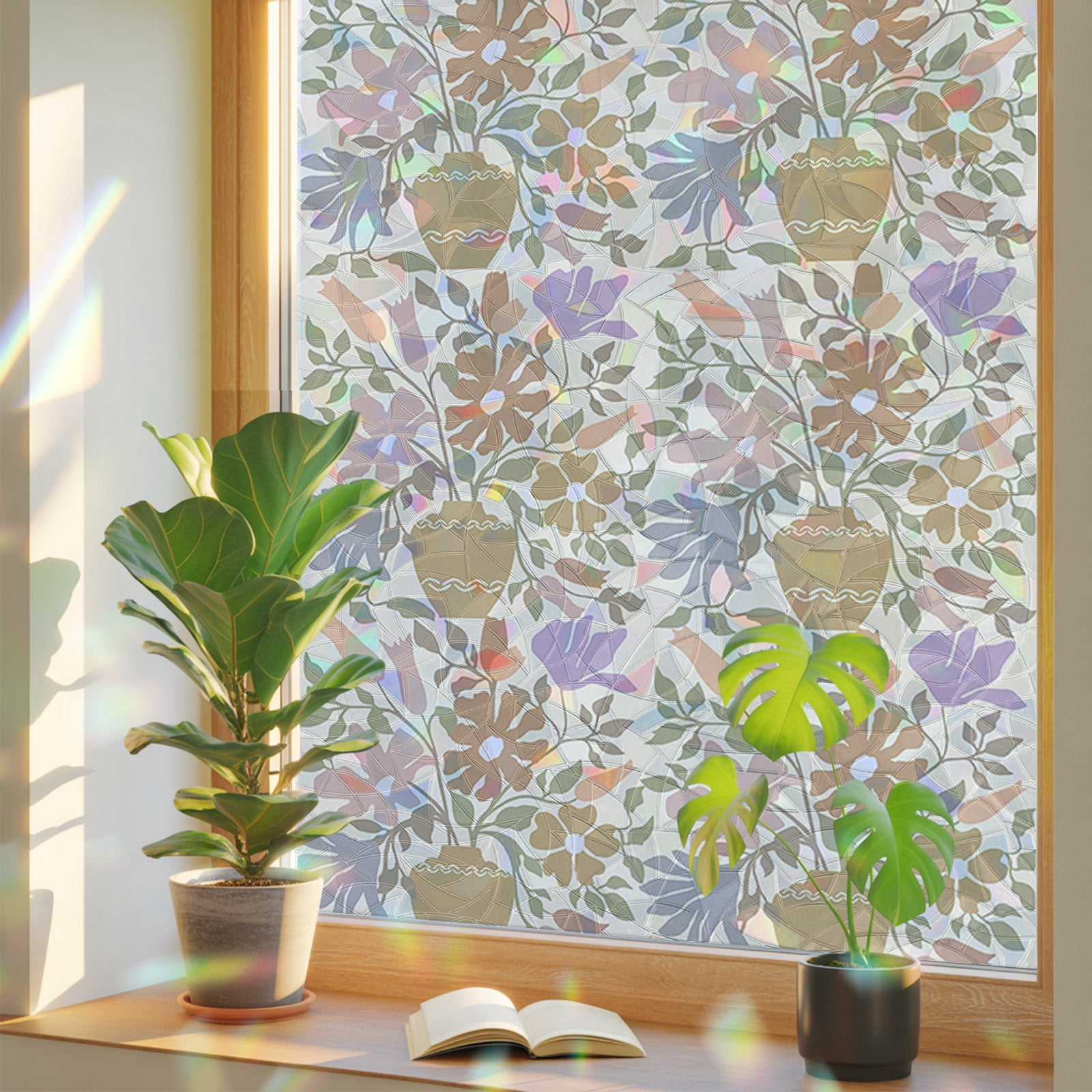 Abstract Flower and Botanical Leaves Window Privacy Film, Rainbow Film ...