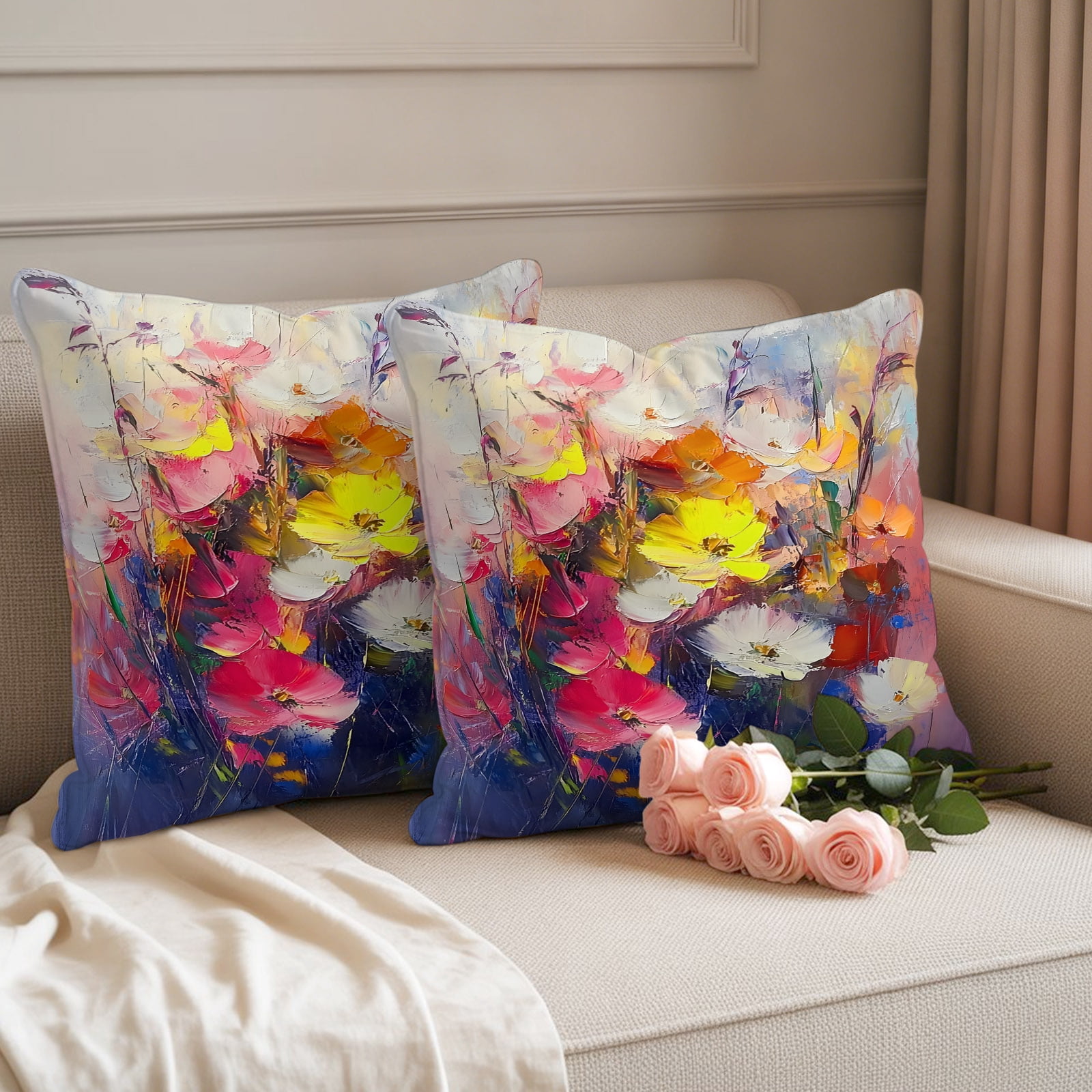 Abstract Flower Bouquet Waterproof Throw Pillow Covers Set of 2 Blossom ...