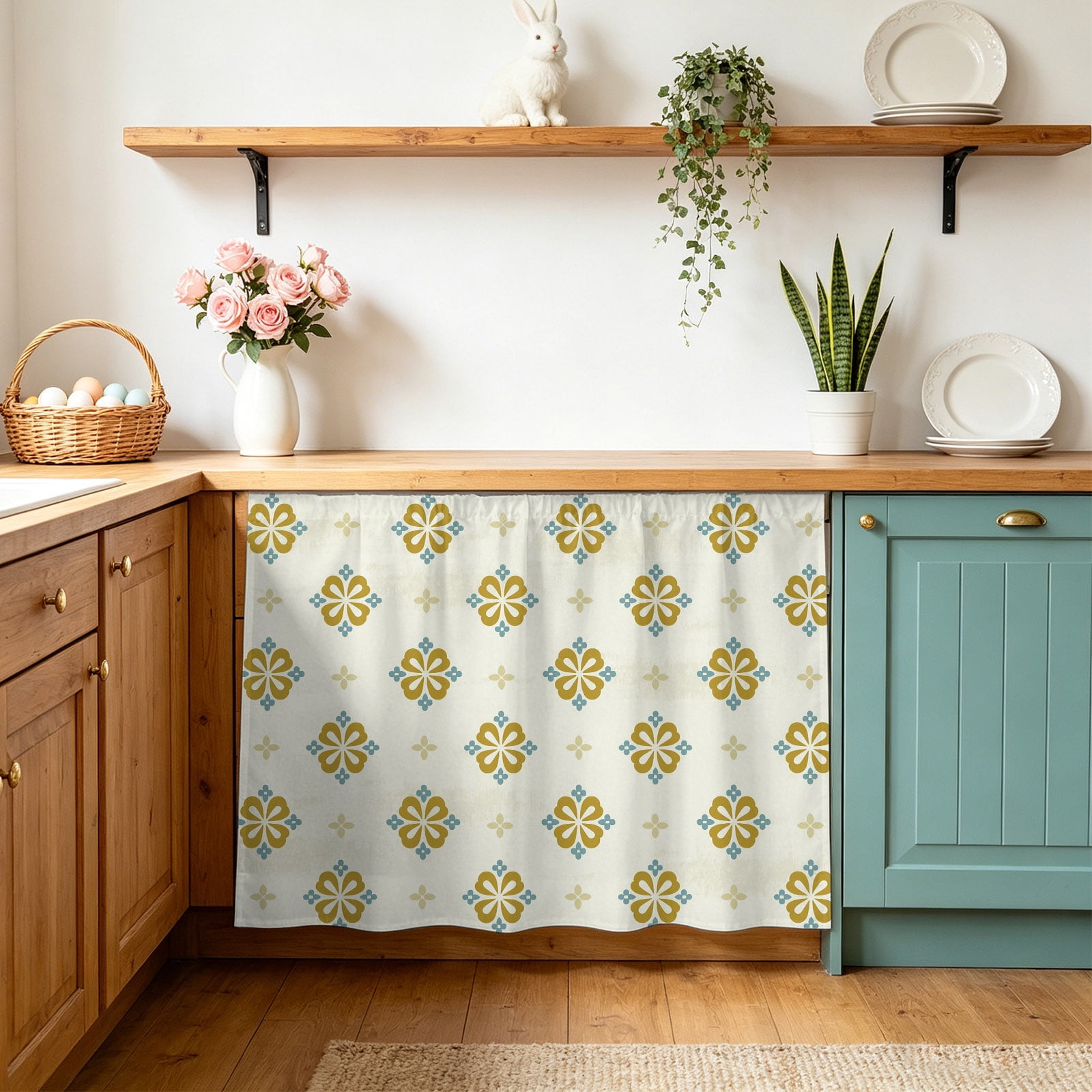 Abstract Flower Cabinet Curtains 10" W x 11" L Vintage Geometric Yellow ...