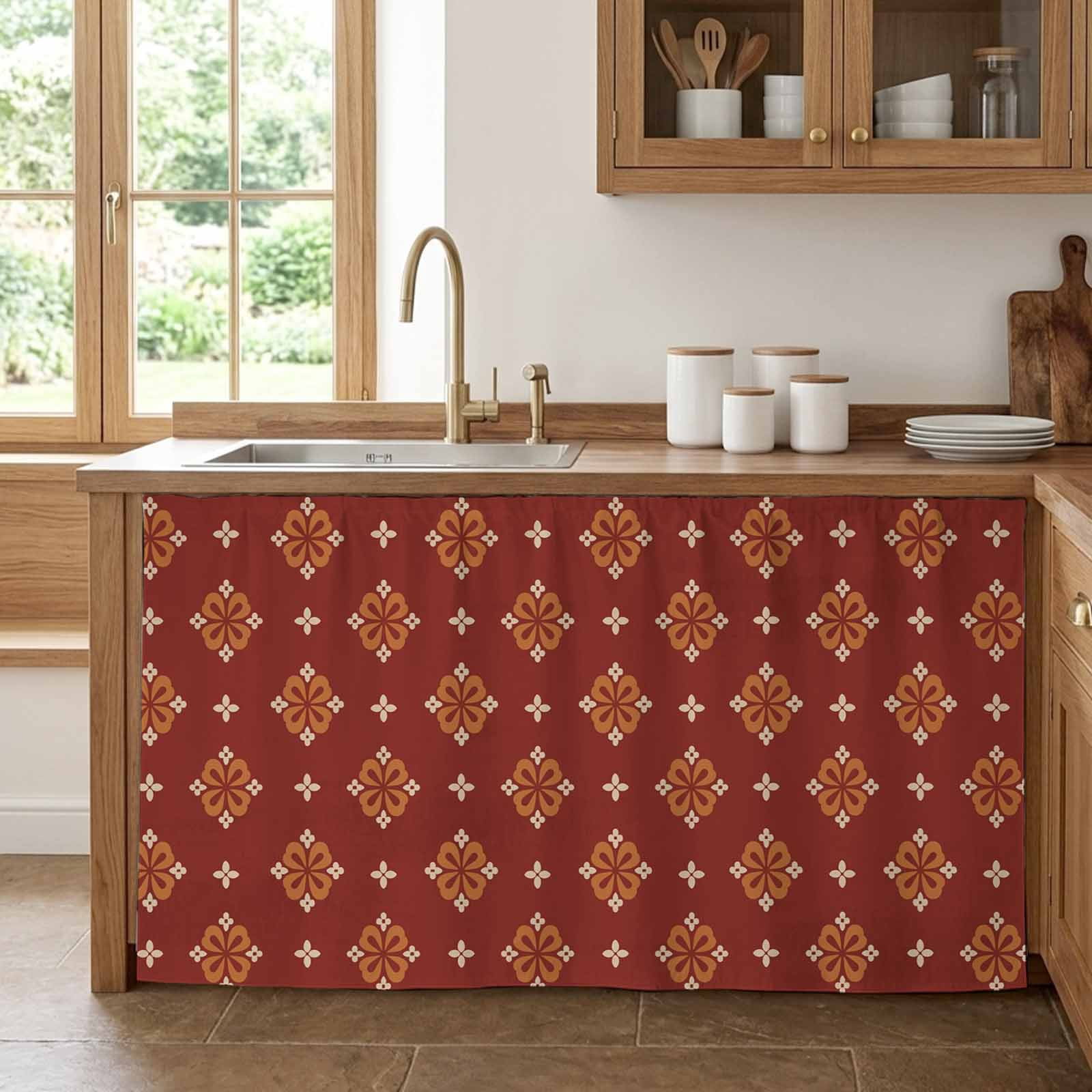 Abstract Flower Cabinet Curtains 32" W x 55" L Vintage Geometric Red ...