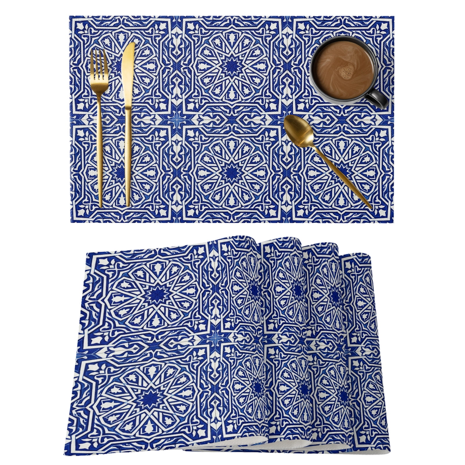 Abstract Flower Cotton Linen Placemats Set of 2, Moroccan Traditional ...