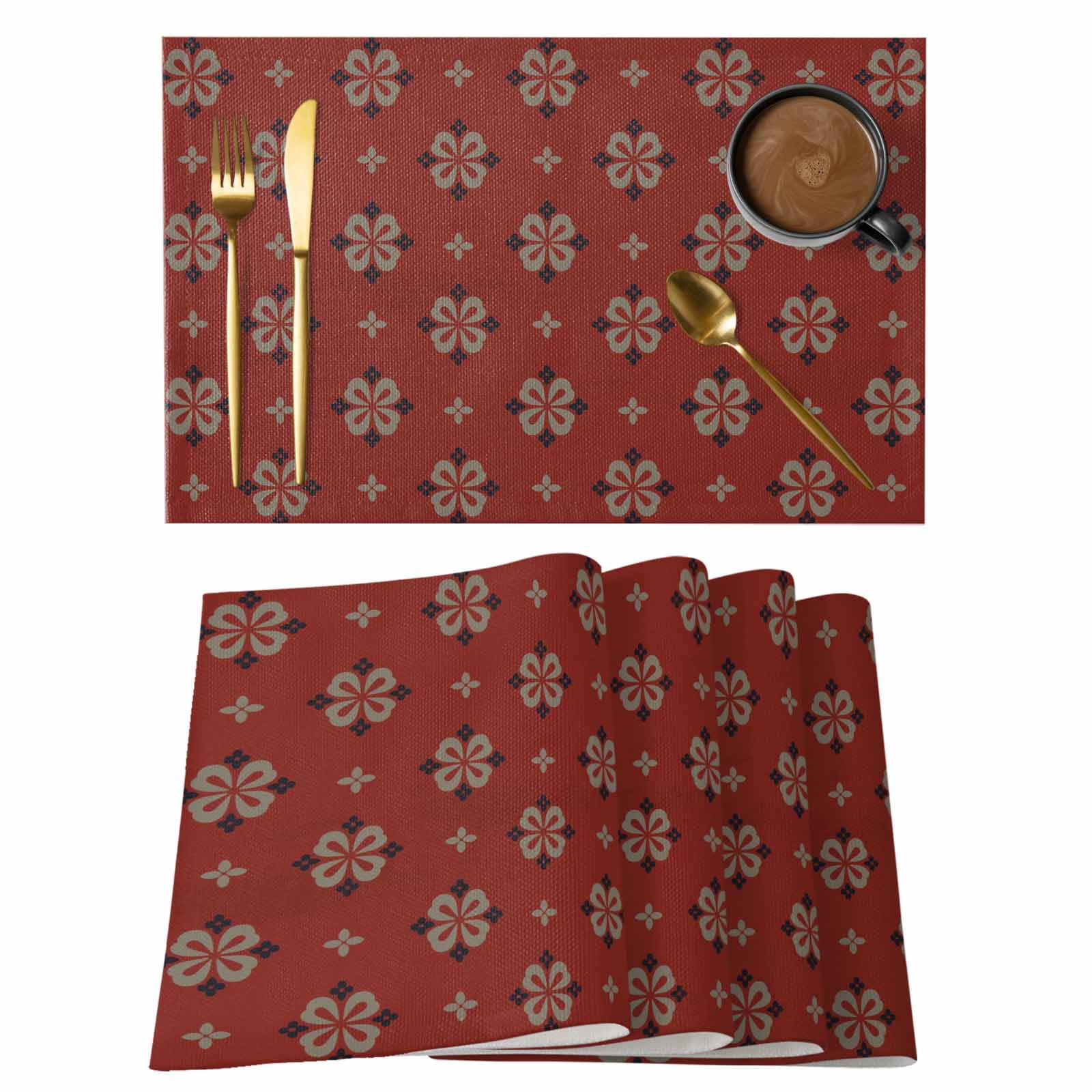 Abstract Flower Cotton Linen Placemats Set of 2, Vintage Geometric Dark ...