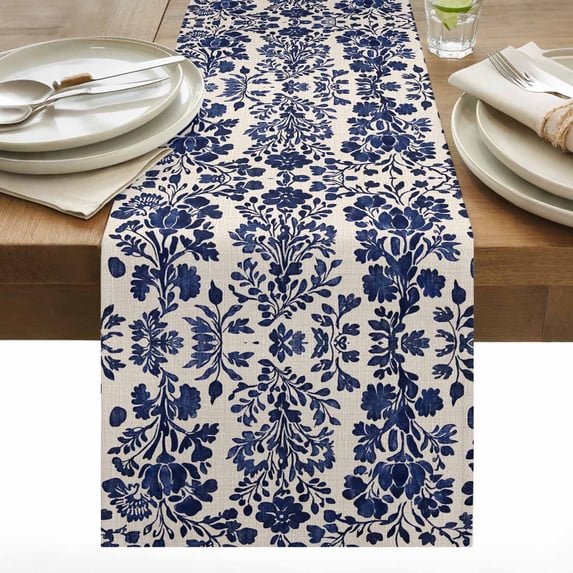 Abstract Flower Cotton Linen Table Runner Spring Abstract Blue Floral ...