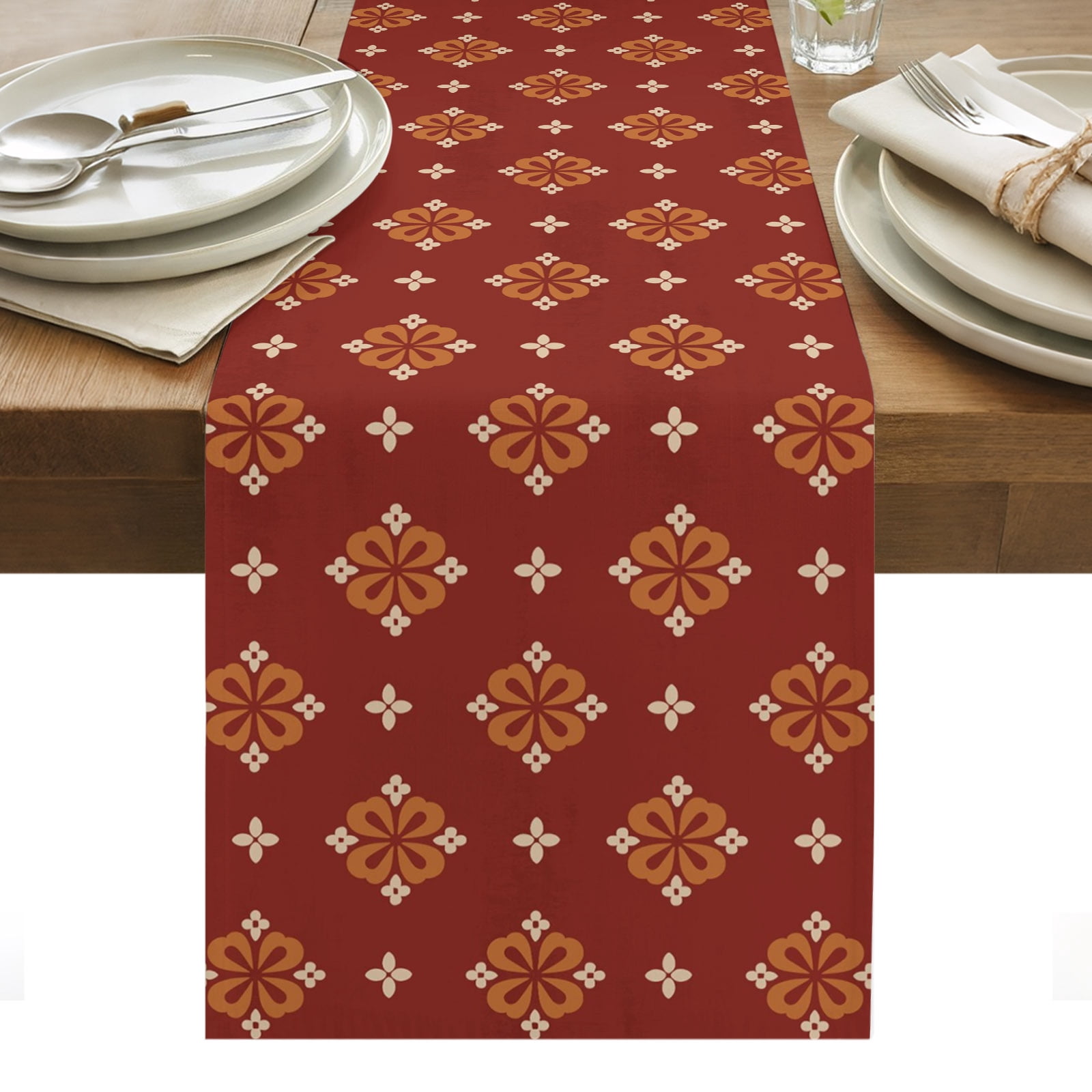 Abstract Flower Cotton Linen Table Runner Vintage Geometric Red Diamond ...