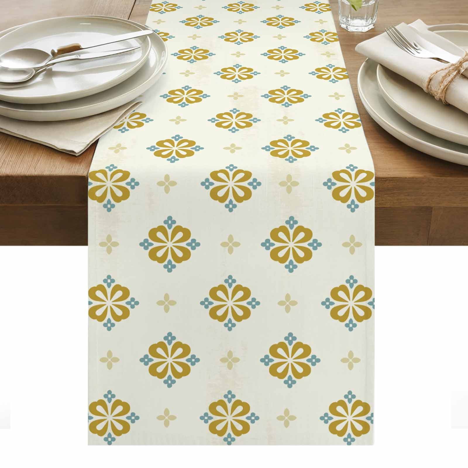 Abstract Flower Cotton Linen Table Runner Vintage Geometric Yellow ...