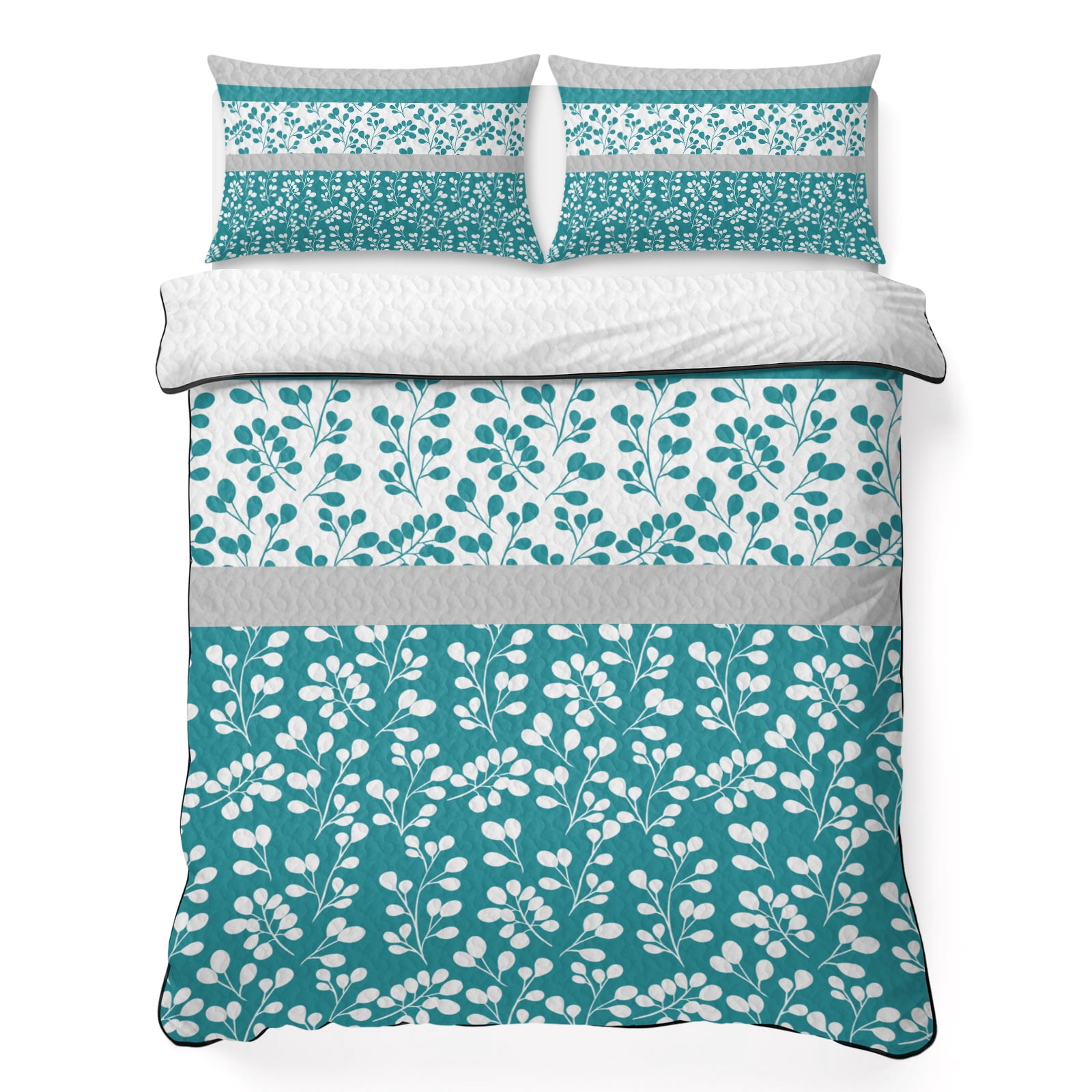 Abstract Flower on Cyan Grey 3 Pieces Quilt Set,1 Quilt with 2 Shams ...
