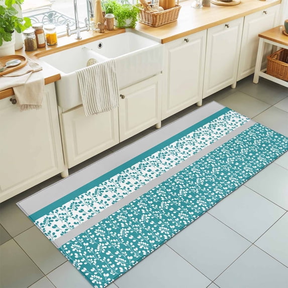 Abstract Flower on Cyan Grey Rectangle Rug 2'x6' Modern Stitching ...