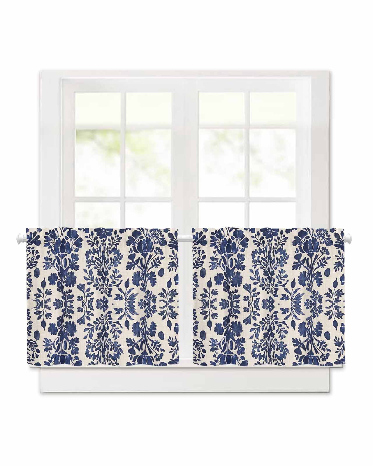 Abstract Flower Deep Blue Short Blackout Curtains 30 Inch Long,Retro ...