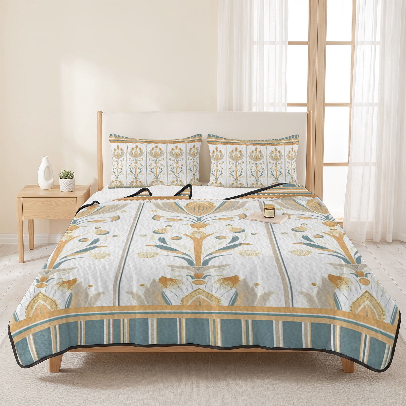 Abstract Flower Ethnic Style 3 Pieces Quilt Set,1 Quilt with 2 Shams ...