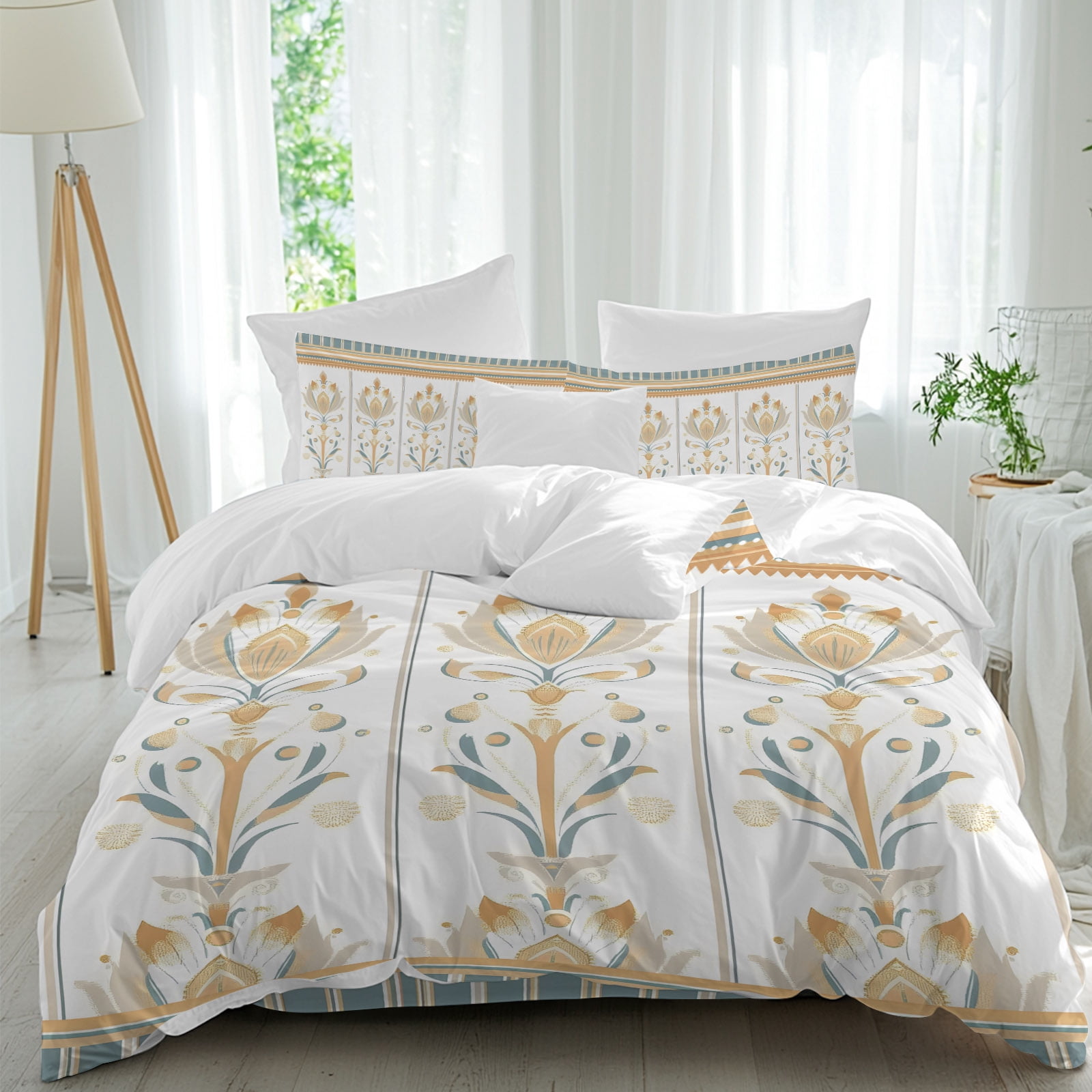 Abstract Flower Ethnic Style Queen Size Bed Set,Bohemian Stripe Bedding ...